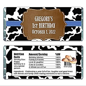 Cow Print Pattern Pattern Personalized Candy Bar Wrappers for Chocolate, Birthday Party Favors, Hershey Bar Labels, Pack of 20 (Black)