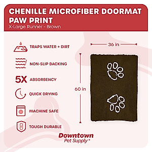 My Doggy Place Microfiber Dog Mat for Muddy Paws, 60" x 36" Brown with Paw Print - Non-Slip, Absorbent and Quick-Drying Dog Paw Cleaning Mat, Washer and Dryer Safe - X-Large/Runner