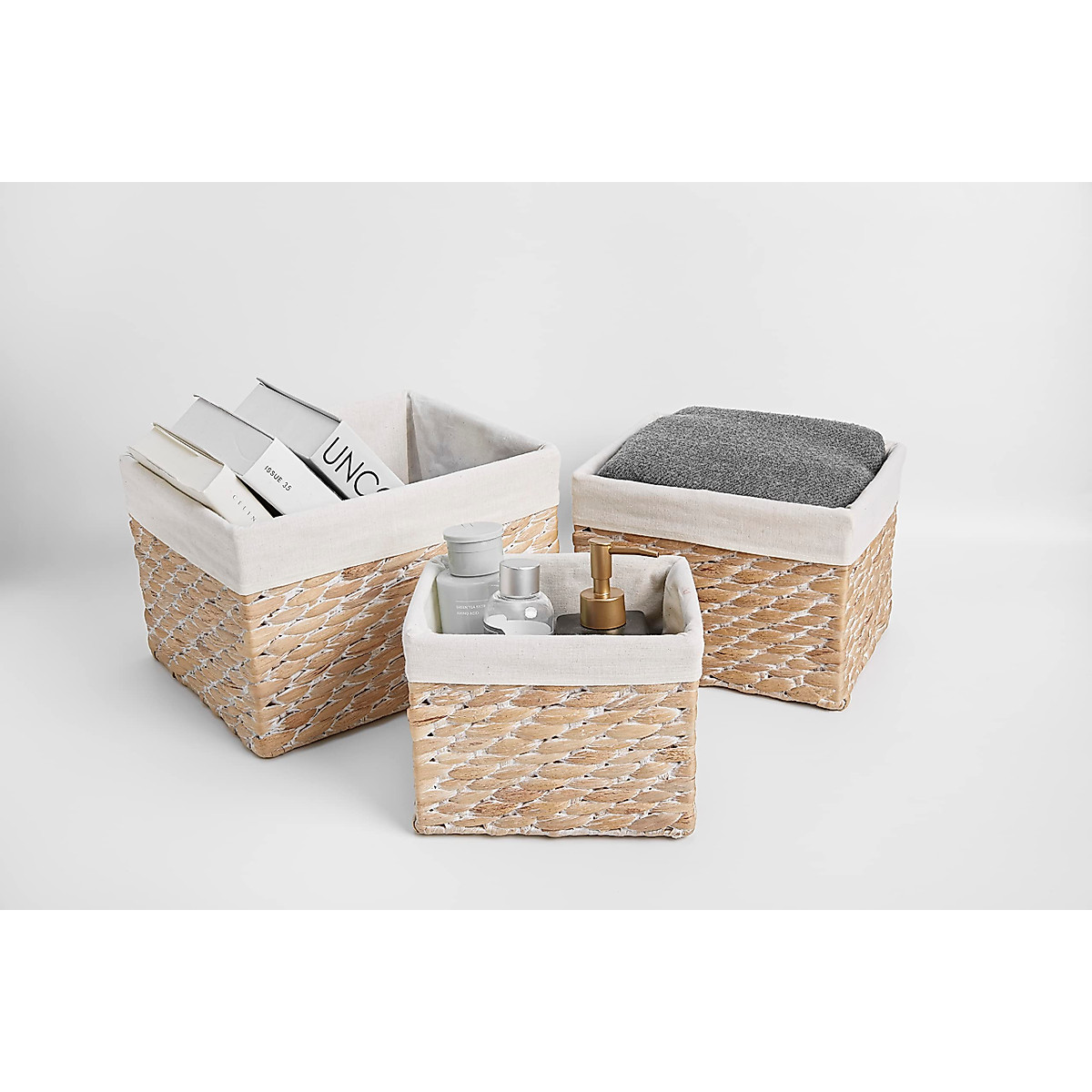 Decocoon Wicker Baskets 3 Pack, Rectangular Basket, Rattan Storage Basket, Wicker Basket with Handle, Wicker Storage Basket, Pantry Baskets Storage, Woven Baskets for Storage, Seagrass Storage Baskets
