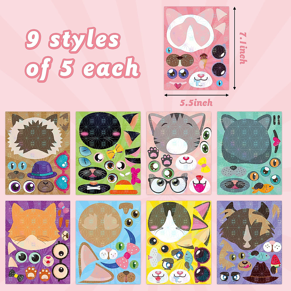 HubirdSall 45Pcs Cats Make-a-Face Stickers Make You Own Cats Holographic Stickers Games School Activity Reward for Kids Teacher Art Craft Birthday Gift Party Favors Room Decor Sticker for Children