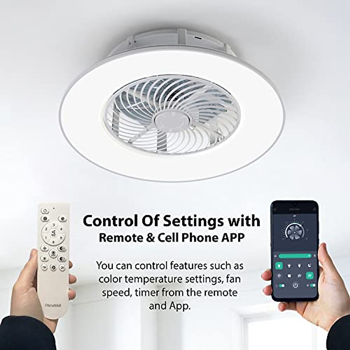 PrimeMall Bladeless Ceiling Fan with Light and Remote Control Low Profile Ceiling Fan 22" Modern Enclosed Multi-Speed Indoor Ceiling Fan 3 Color Temperatures Smart LED Dimmable Lighting Flush Mount