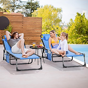 YITAHOME Patio Lounge Chair, Portable Reclining Chairse Lounge Folding Camping Cot 5 Posistion Adjustable w/Head Pillow & Portable Handbag for Camping, Pool, Beach and Patio, Blue