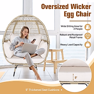 Tangkula PE Wicker Egg Chair, Patiojoy Oversized Indoor Outdoor Patio Lounge Chair with Cushions and Pillows, Steel Frame Basket Chair for Garden, Deck, Balcony, Living Room (Light Brown)