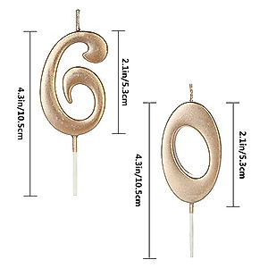 Champagne Gold 60th Birthday Candles for Cake, Number 60 6 Glitter Candle Party Anniversary Cakes Decoration for Kids Women or Men