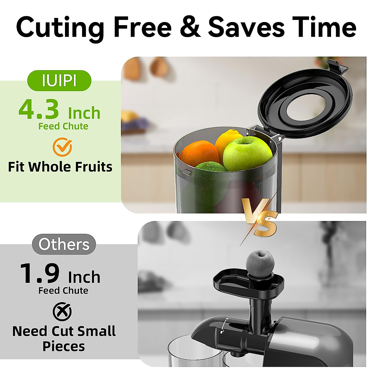 Cold Press Juicer, IUIPI Fit Whole Fruit and Vegetable Slow Masticating Juicer Machines, 4.3'' Large Feed Chute, 250W Juice Extractor Machine, High Juice Yield, BPA Free, Easy to Clean with Brush