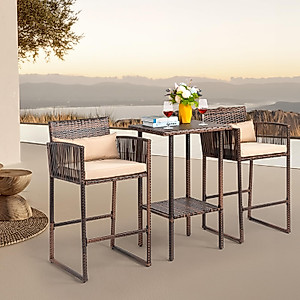 Outvita 3-Piece Outdoor Bar Height Chairs, Rattan High Top Patio Table and Chairs Front Porch Wicker Weaving Furniture Set for Deck Backyard Garden Poolside, Brown