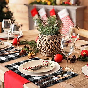 Senneny Set of 6 Christmas Placemats Buffalo Check Placemats Black White Plaid Reversible Burlap & Cotton Placemats for Christmas Holiday Table Home Decoration