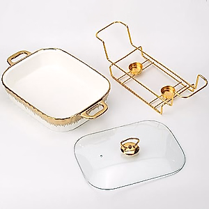 Rectangular Porcelain Casserole Warming Trays for Food, Ceramics Chafers, and Buffet Warmers Sets, Gold Plating Serving Dishes (Small 1.6 quarts)