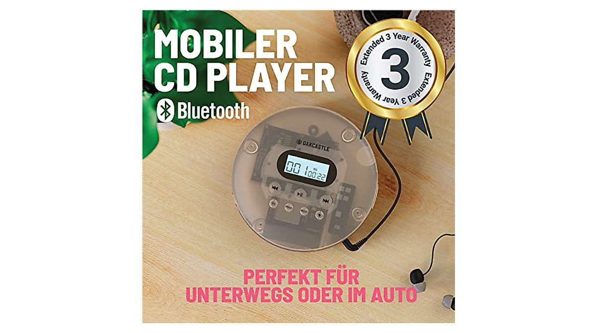Oakcastle CD100 Rechargeable Bluetooth CD Player – 12hr Portable Audio