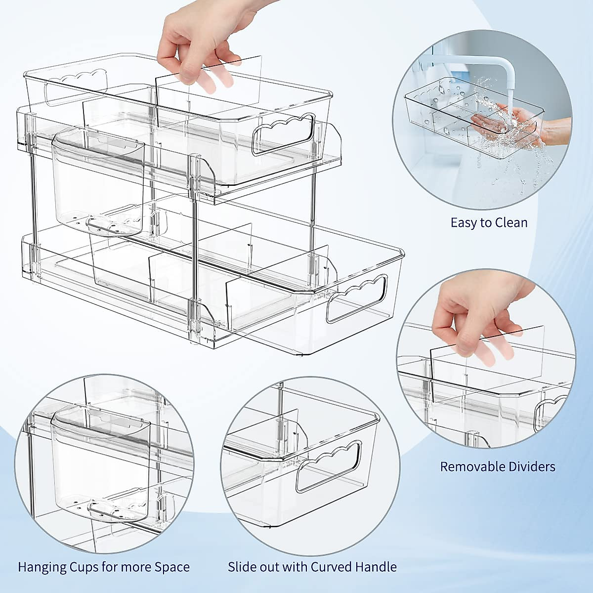 2 Tier Clear Organizer with Dividers, Pantry Organization and Storage Multi Purpose Slide-Out Bathroom Organizer, Kitchen Pantry Medicine Cabniet Bins, Under Sink Organizers and Storage, 2 Pack