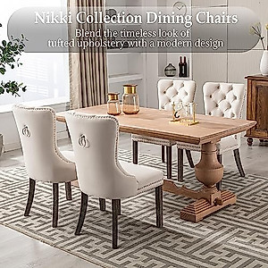 civama Velvet Dining Chairs Set of 6, Upholstered Tufted Dining Chairs with Nailhead Trim Back Pull Ring, Nikki Collection Elegant Armless Kitchen Chair with Solid Wood Legs, Beige