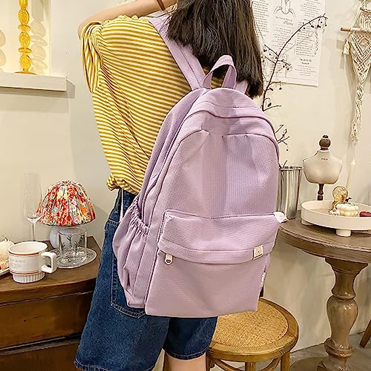 BOUTIKOME Solid Color Backpack for Women Aesthetic Travel Backpack Large Capacity Waterproof Casual Basic Backpack（Purple,One Size）