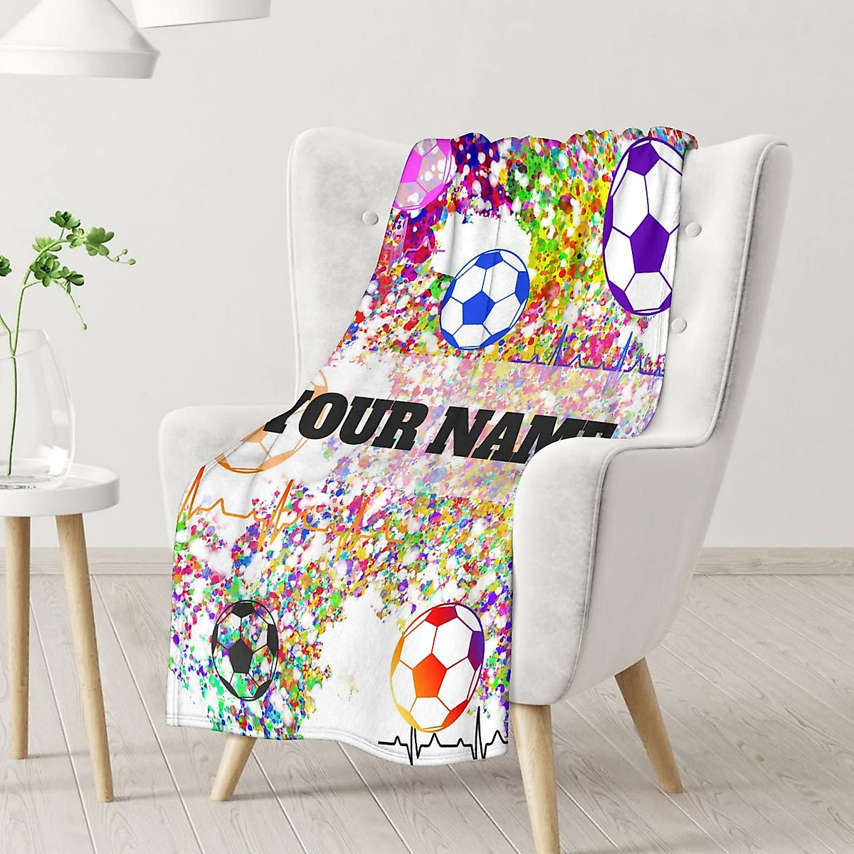 Personalized Soccer Blanket Gifts with Name - 50"x60" Sports Throw Blanket for Adults, Kids - Colorful Soft Plush Blankets for Bed, Couch, Sofa