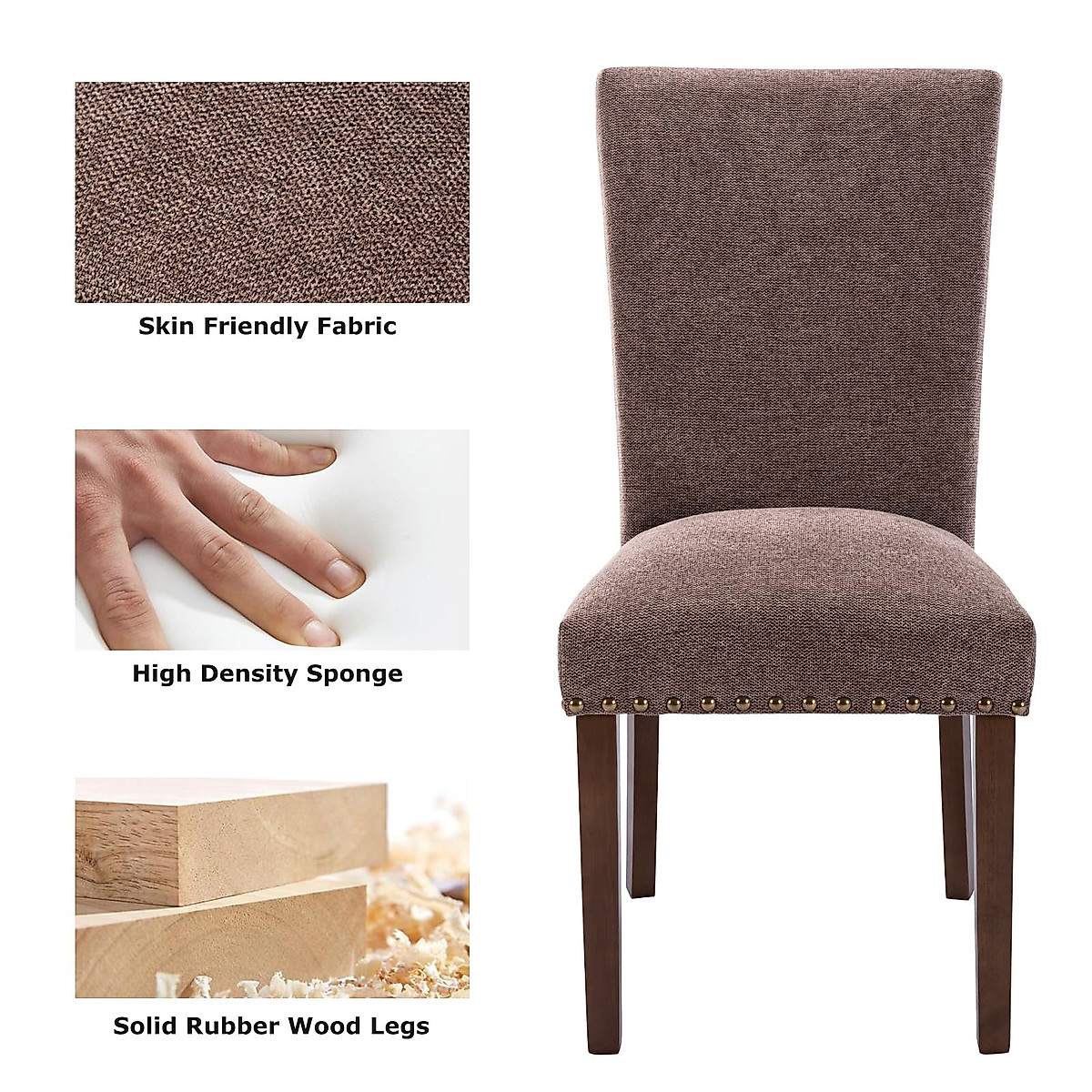 COLAMY Upholstered Parsons Dining Chairs Set of 4, Fabric Dining Room Kitchen Side Chair with Nailhead Trim and Wood Legs - Brown