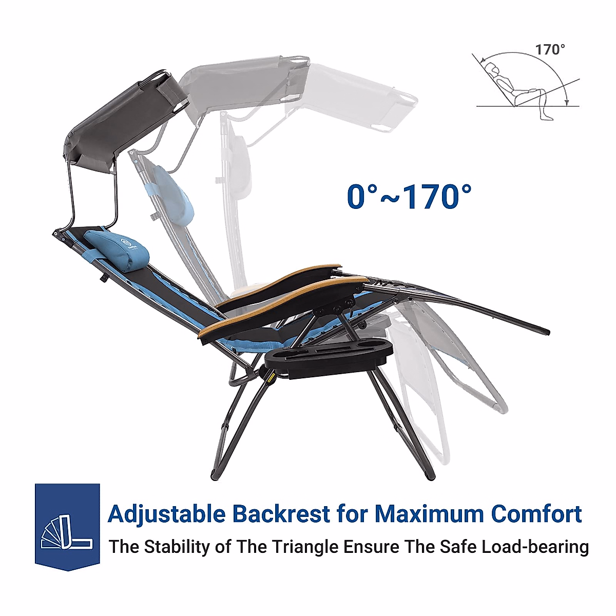 Coastrail Outdoor Zero Gravity Chair Reclining Lounger with Sun Shade, Padded Seat, Mesh Back, Pillow, Cup Holder & Side Table for Sports Yard Patio Lawn Camping, Aqua/Black