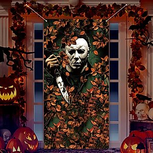 Michael Myers Door Cover Scary Creepy Halloween Photo Backdrop Halloween Birthday Party Decorations and Supplies for Home