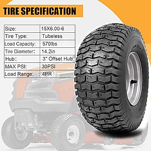 15x6.00-6 lawn mower tires,4 Ply Tubeless Front Tire Assembly Replacement for Craftsman Mower,570lbs Capacity,3"offset hub,3/4"Bushing, for More Lawn &Garden Riding Mower (2 Pack)