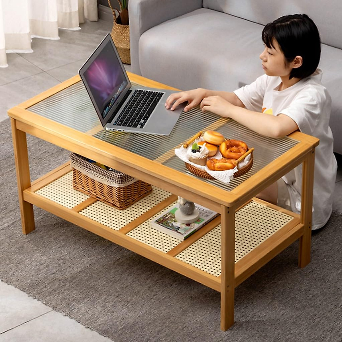 Mid Century Modern 2-Tier Center Table with Open Storage Shelf, Rattan Coffee Table, Boho Rectangular Bamboo Cocktail Table for Living Room