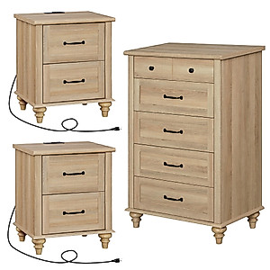 WAMPAT 3 Piece Dresser and Nightstand Sets, Farmhouse Dresser & Chest of Drawers with 5 Drawers & Metal Handle, Set of 2 Nightstands End Table with Charging Staion, 3 Piece Bedroom Set, Oak