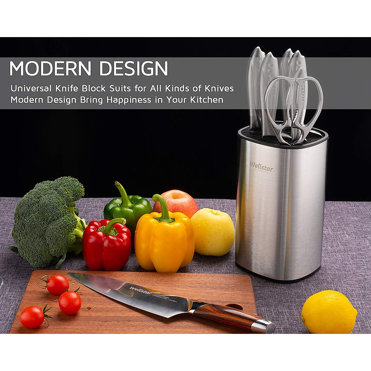 WELLSTAR Universal Knife Block Holder, Stainless Steel Knife Stand Without Knives, Safe Space Saver Large Volume Stable Knife Storage with Scissors Slot, Detachable for Easy Cleaning - Square