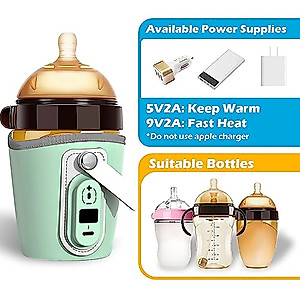 Portable Bottle Warmer for Travel - 40-50℃ Wide Bottle - Mini Baby Bottle Heater for Breastmilk Powder Milk Water, Fast Night Feeding Milk Warmer for Newborn, Green, 6 Gears for 40/42/44/46/48/50℃