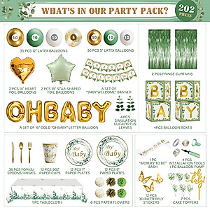 Sage Green Baby Shower Decorations,All In One Set,Neutral Baby Shower Supplies Kit, With 4 Balloon Blocks,12 Tableware Sets, Disposable Plates, "OH BABY" Balloons,Sage Baby Shower Tablecloth, Toppers