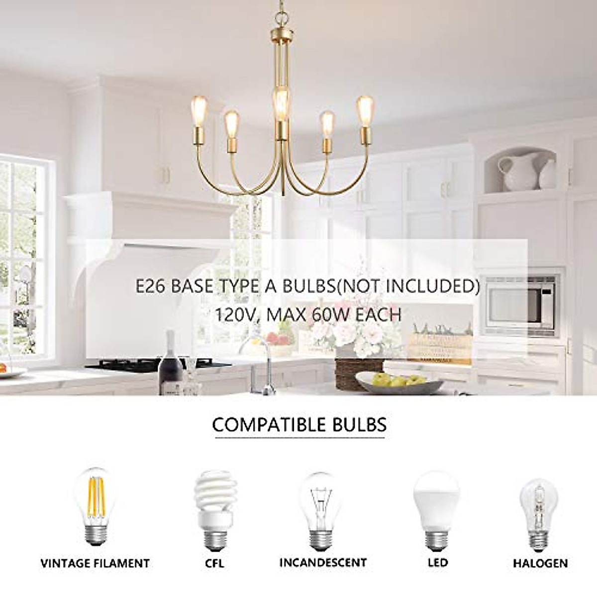 KSANA Large Gold Chandelier, 5-Light Modern Light Fixture for Dining & Living Room, Bedroom, Foyer and Entryway（25” Diameter X 26” Height）