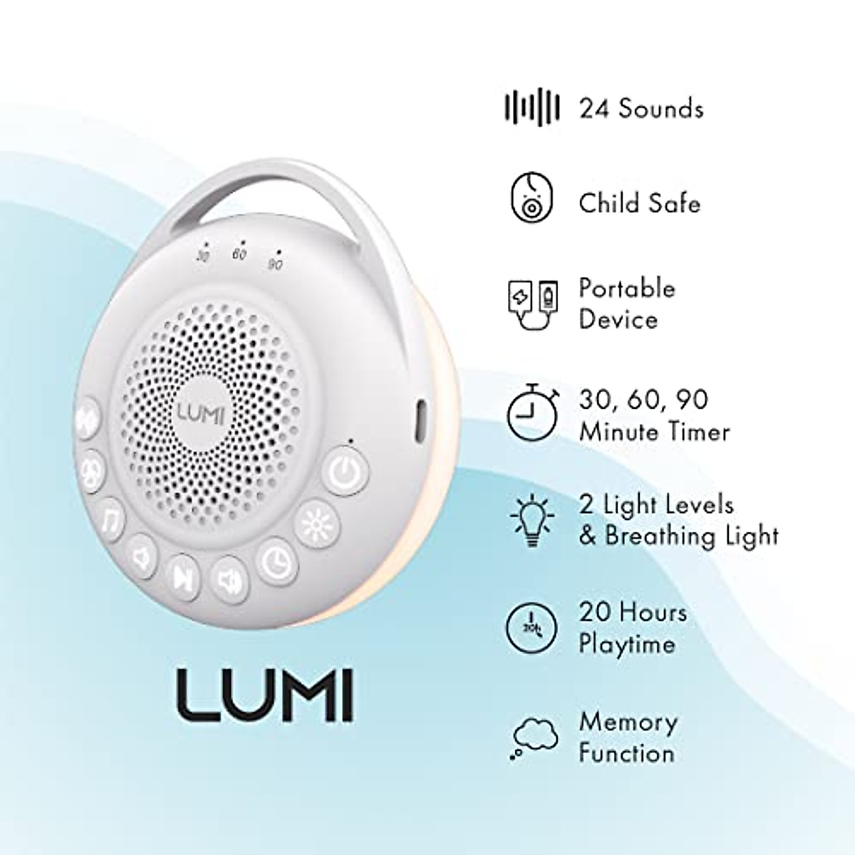 LUMI | Portable White Noise Machine | Baby Sleep Aid with 26 Sounds | White Noise Baby | 3 Lighting Modes | Memory Function | 30, 60, 90 Minute Timer | Sleep Aid for Adults, Children & Babies…
