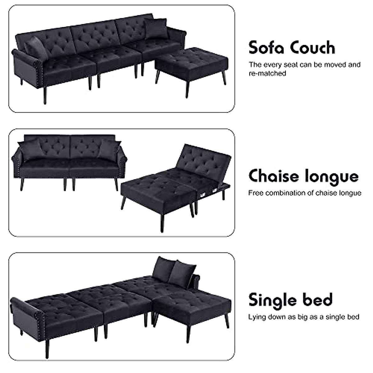 ivinta Convertible Velvet Sofa Couch, Sectional Sofa with Ottoman, Mid-Century Upholstered Comfy Sofa Bed, Queen Sleeper Sofa for 4-Seater, Modular Sofa for Living Room (Black)