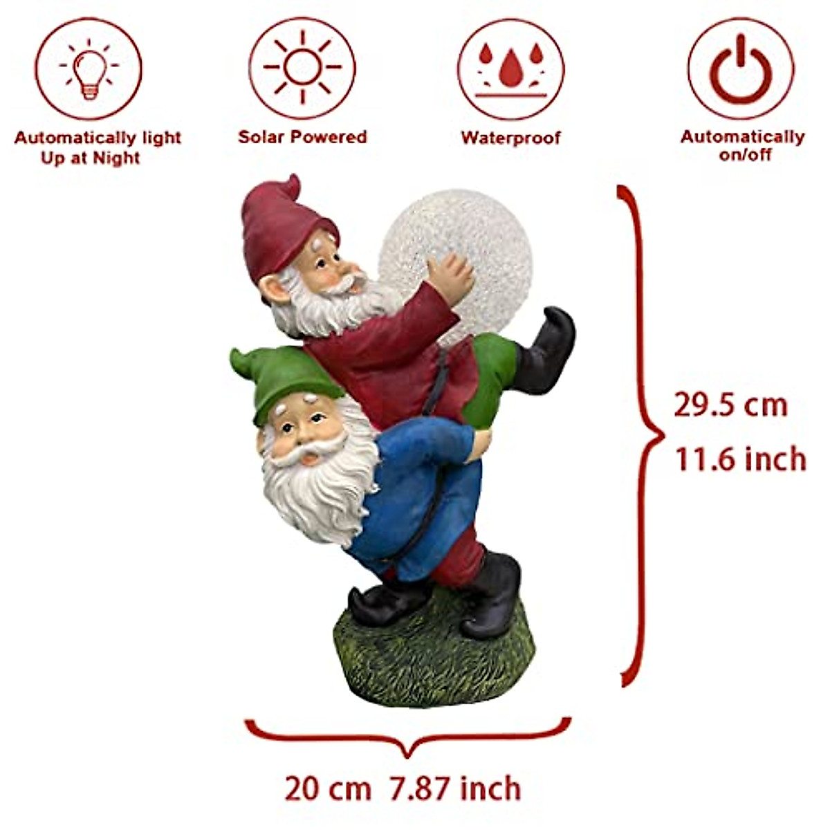Raywer Solar Powered 2 Gnomes Playing with Ball , Decorated Solar Light, Garden Decorations Statues , Garden Light Decor for Lawn Ornaments, Resin Garden Figurines (2 Gnomes with a Glass Ball)