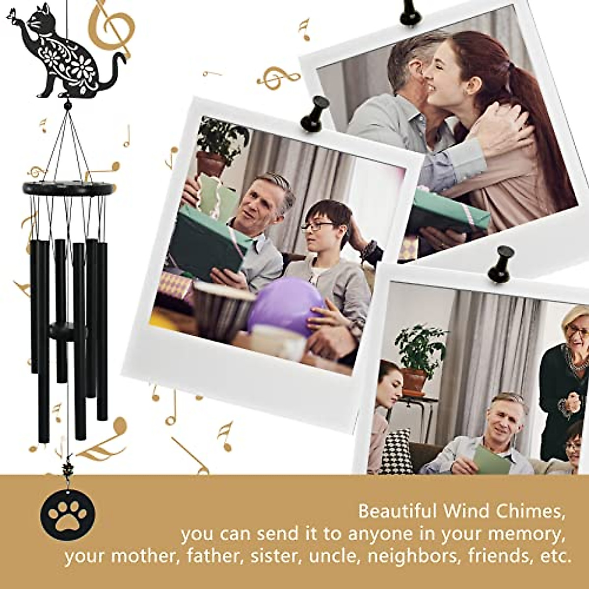 Wind Chimes for Outside, 38.1in Classic Black pet Memorial Windchimes, Memorial Gifts for Mothers, Friends and Cat Lovers, Also Suitable for Terrace Garden Decoration(Cats)