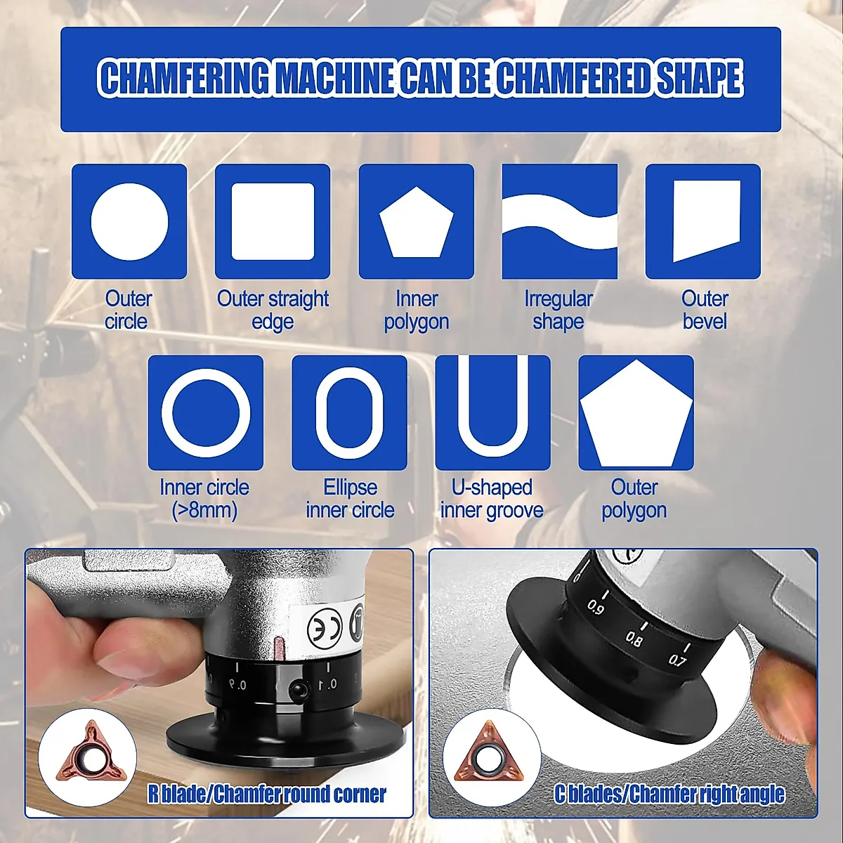 Yuqutum 2 in 1 Mini Pneumatic Chamfering Machine, Handheld 45 Degree Arc Pneumatic Chamfer Tool, Portable Deburring Tool for Metal Wood, Air Chamfer Tool with Replace Blade and Bearing(C/R blade)