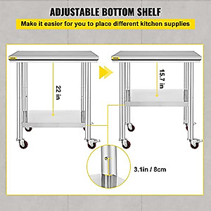 Mophorn Stainless Steel Work Table with Wheels 24 x 30 x 33.8 Inch Prep Table with 4 Casters Heavy Duty Work Table for Commercial Kitchen Restaurant Business
