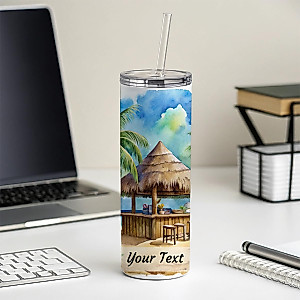 Personalized Custom Name Text Beach Resort Tropical Scene With Tiki Bar Skinny Tumbler 20oz with Straw Insulated Water Bottle Gift - 1 Line Horizontal