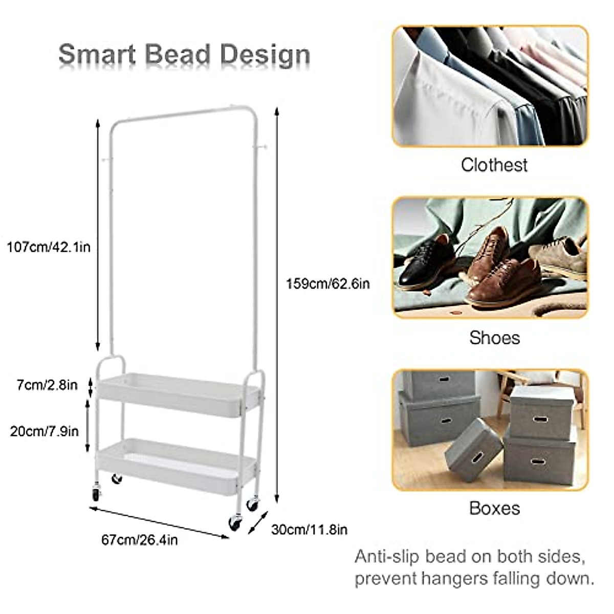 DYRABREST Simple Design 2-In 1 Garment Rack with Wheels Clothing Rack With 2 Tier Metal Basket Clothes Organizer Rack Laundry Cart with Hanging Rack for Home Bedroom (White)