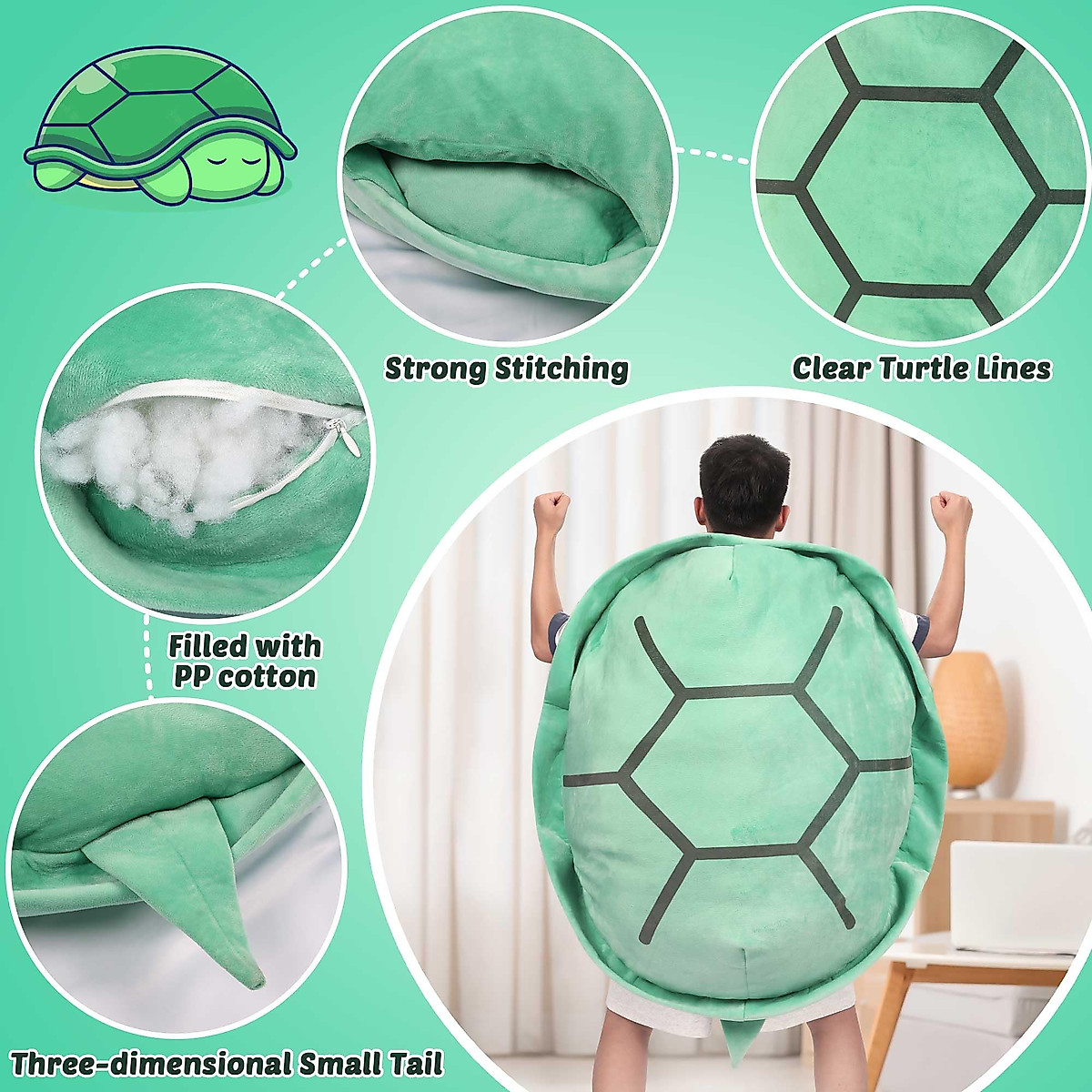 40 Inch Wearable Turtle Shell Pillows, Giant Tortoise Plush Pillow Green Turtle Shell Stuffed Animal Costume Plush Toy Funny Dress Up, Creative Gifts for Adlut Kids Birthday Home Decor