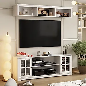 AIEGLE Entertainment Wall Unit Set with Bridge, Modern TV Stand for 70+ Inch TVs, Media Console Cabinet Glass Doors & Adjustable Shelves for Living Room Storage, White 68.1" W