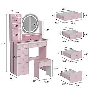 ECACAD Vanity Desk Set with LED Lighted Round Mirror, Makeup Dressing Table with 5 Drawers, Storage Shelves & Cushioned Stool for Bedroom, Pink