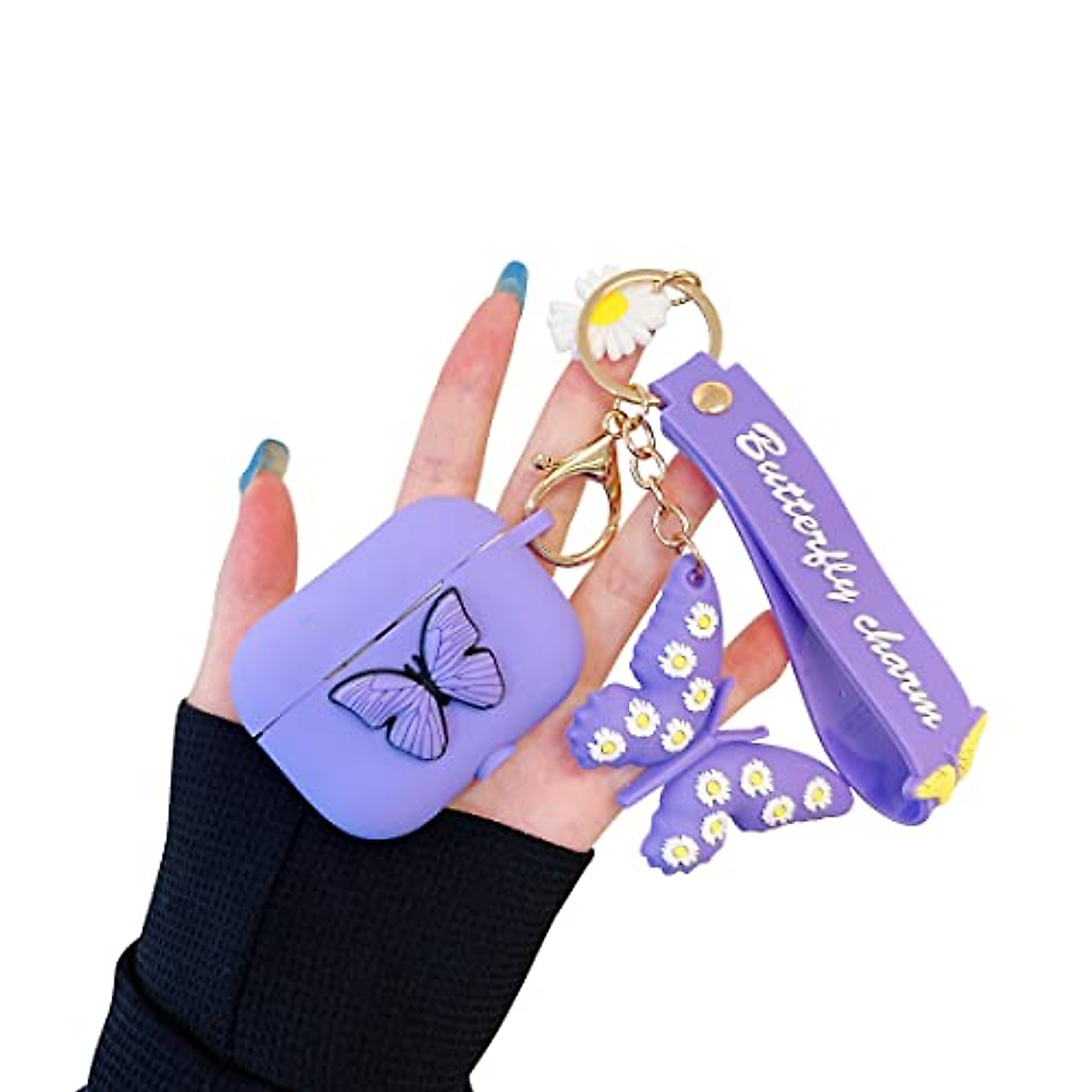 Airpods Pro 2nd 2022 Case Butterfly 3D Cover,Ponnky Funny Cute Cartoon Soft Skin Silicone Protective Accessories with Kawaii Keychain Strap for Apple Airpods Pro 2nd Gen Case for Women Girls (Purple)