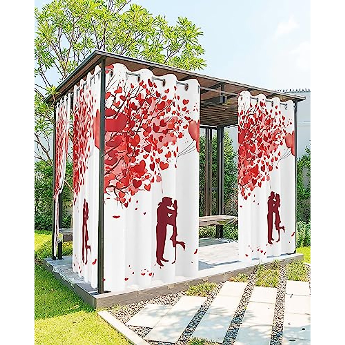 Waterproof Outdoor Curtains for Patio, Valentine's Day Lovers under Love Tree Balloons Weatherproof Privacy Outdoor Drapes, Grommet Top Outside Curtains for Gazebo Porch Pergola Cabana, 52x108 Inch