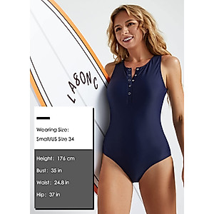 baleaf Retro One Piece Swimsuits for Women, Modest Full Coverage Padded Push Up Longline Bathing Suits Dark Blue L