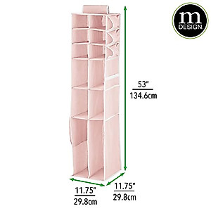 mDesign Long Soft Fabric Over Closet Rod Hanging Storage Organizer with 12 Divided Shelves, Side Pockets for Child/Kids Room or Nursery, Store Diapers, Wipes, Lotions, Toys - Pink/White