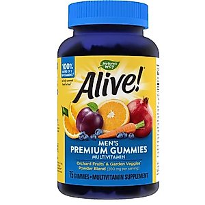 Nature’s Way Alive! Premium Men’s Gummy Multivitamins, Vitamins & Minerals, Supports Whole Body Wellness*, Vegetarian, Orange, Grape, and Cherry Flavored, 75 Gummies