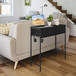Console Table with 2 Drawers, Black Entryway Table with Storage, 31.5" Behind Couch Table Skinny Small with Hooks and Fabric Drawers, Sofa Table Hallway Table for Entryway, Living Room