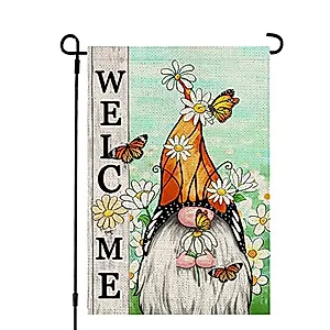 CROWNED BEAUTY Spring Summer Garden Flag Gnome Floral Butterfly Daisy Welcome 12×18 Inch Double Sided Outside Vertical Yard Flag