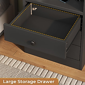 Tiptiper Black Nightstand with Charging Station 3 Drawers, Wood Sofa End Side Table with USB Ports and Outlet, Bedside Table Bedroom Nightstand with Sliding Drawer & Hutch