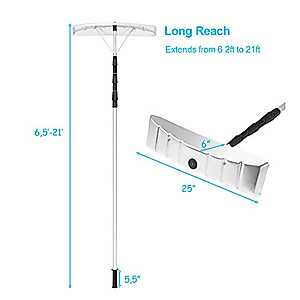 S AFSTAR Aluminum Roof Rake, 6.5’-21’ Telescoping Snow Roof Rake w/ 6’’ x 25’’Blade & Twist-N-Lock, Lightweight Snow Rake for House Proof, Debris, Leaves, Branches, Snow Removal