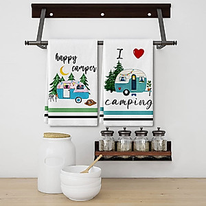 Camping Kitchen Towels Set of 4 Dish Towels Kitchen Hand Towels Kit Printed with Funny Sayings Novelty Gifts for Campers Happy Camper Camping Tent Pine Tree Farmhouse RV Decor Sign Home Decorations