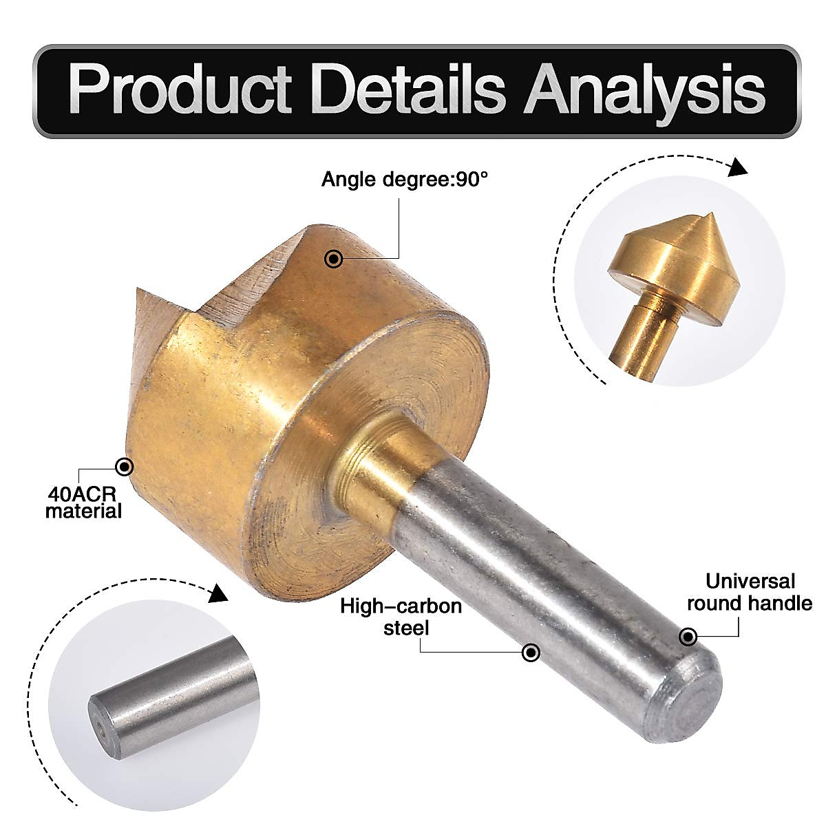HOHXEN 5Pcs Titanium Chamfering Countersink Drill Bit Set - 3/8" 1/2" 3/4" - 10mm 12mm 19mm for Wood Metal Quick Change Drill Bit Set