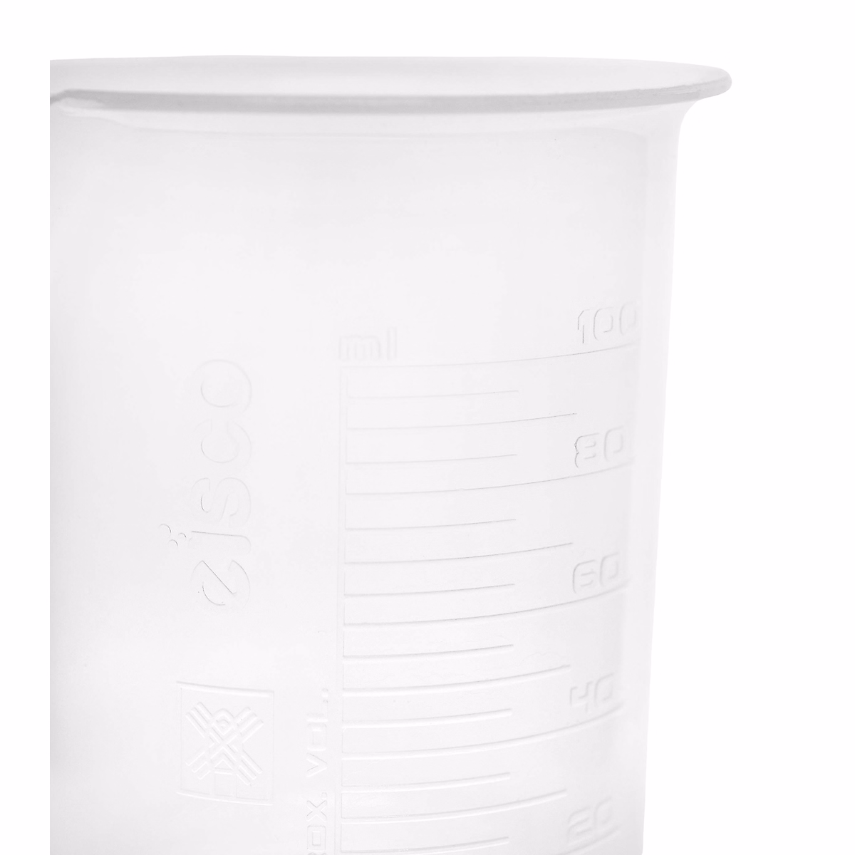 EISCO Plastic Beaker, 100ml - Polypropylene Plastic - Raised Graduations, Tapered Spout - Euro Design